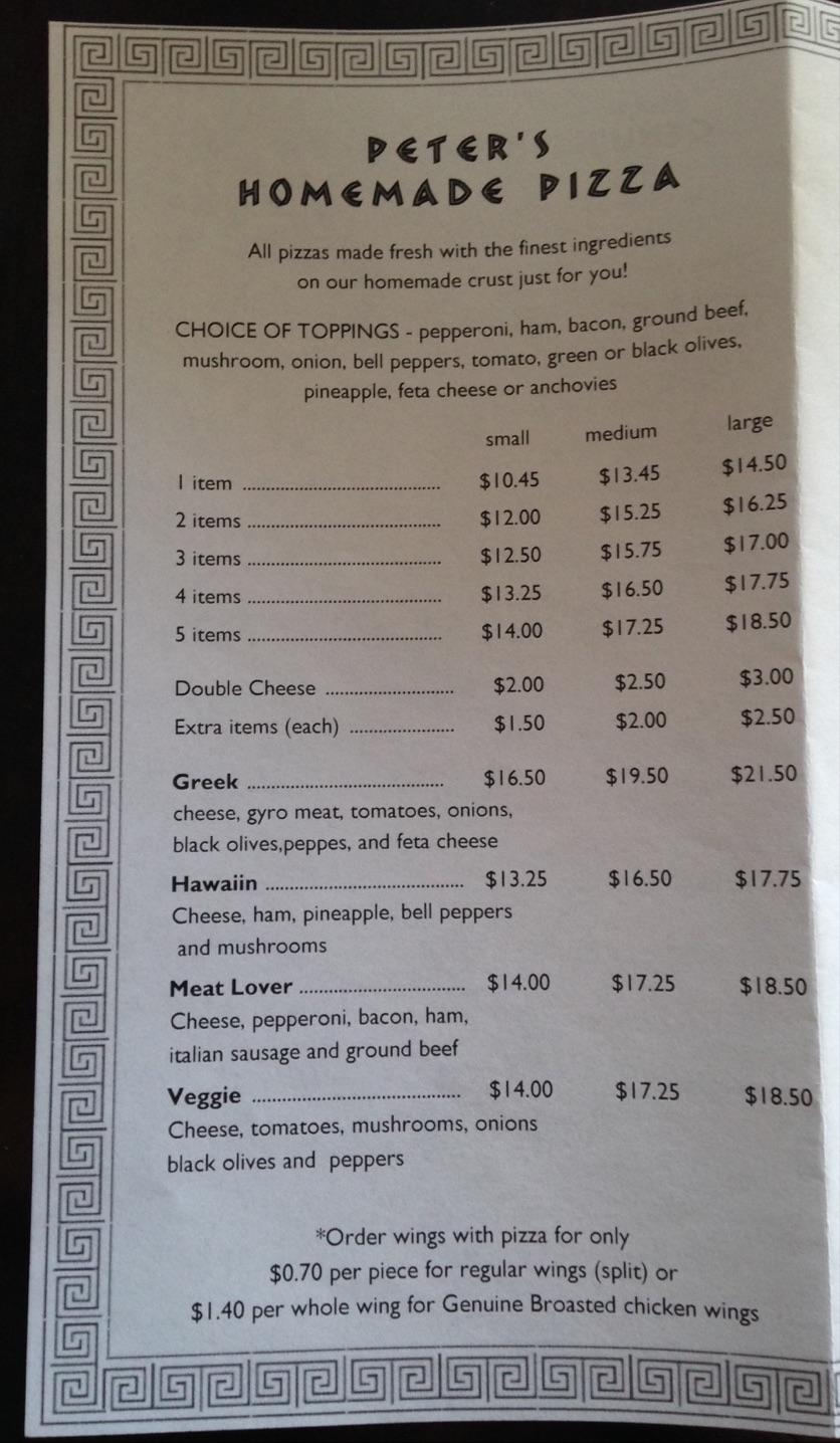 Menu at Peter's Kitchen pizzeria, Comber