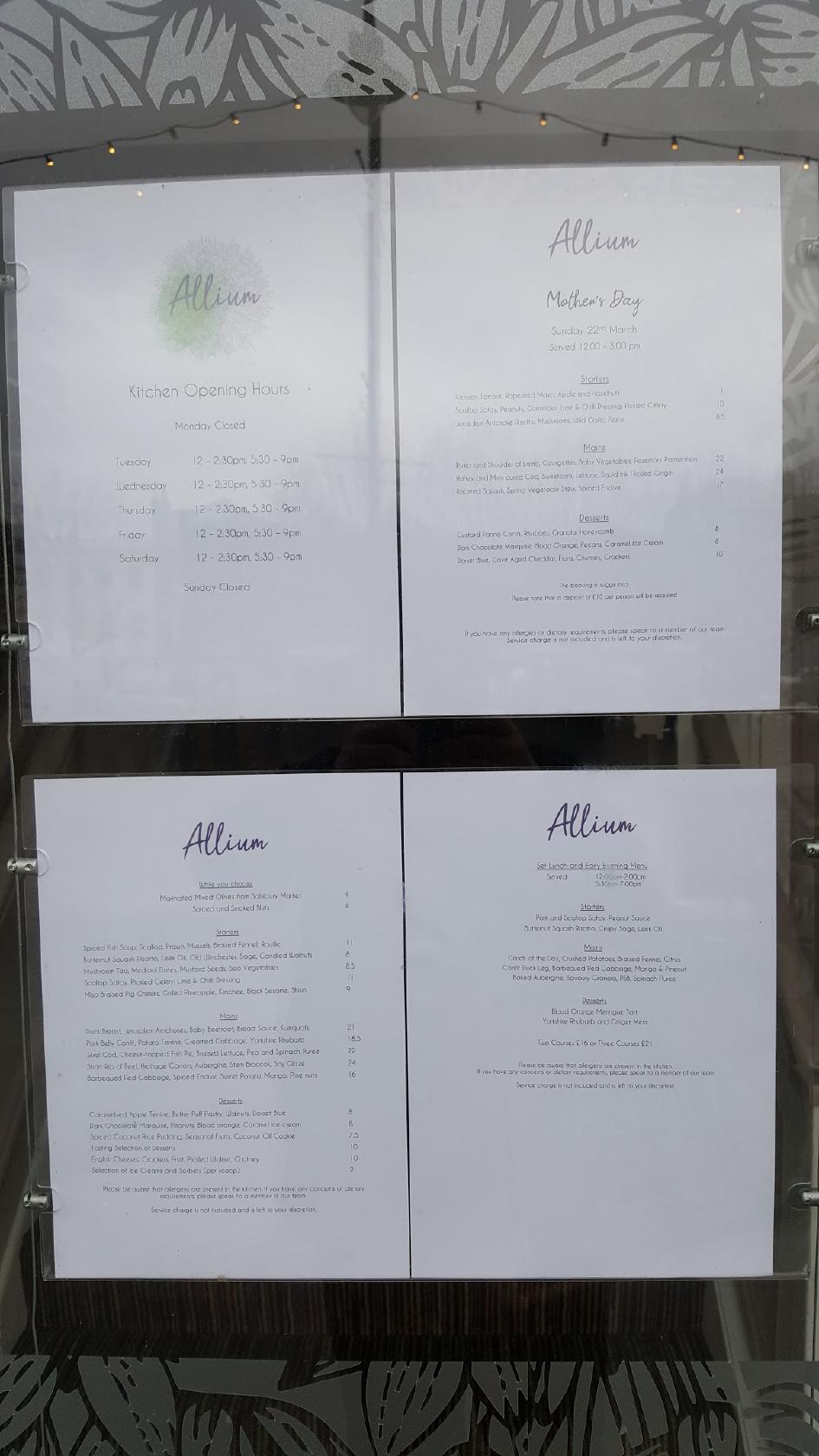 Menu at Allium restaurant, Salisbury