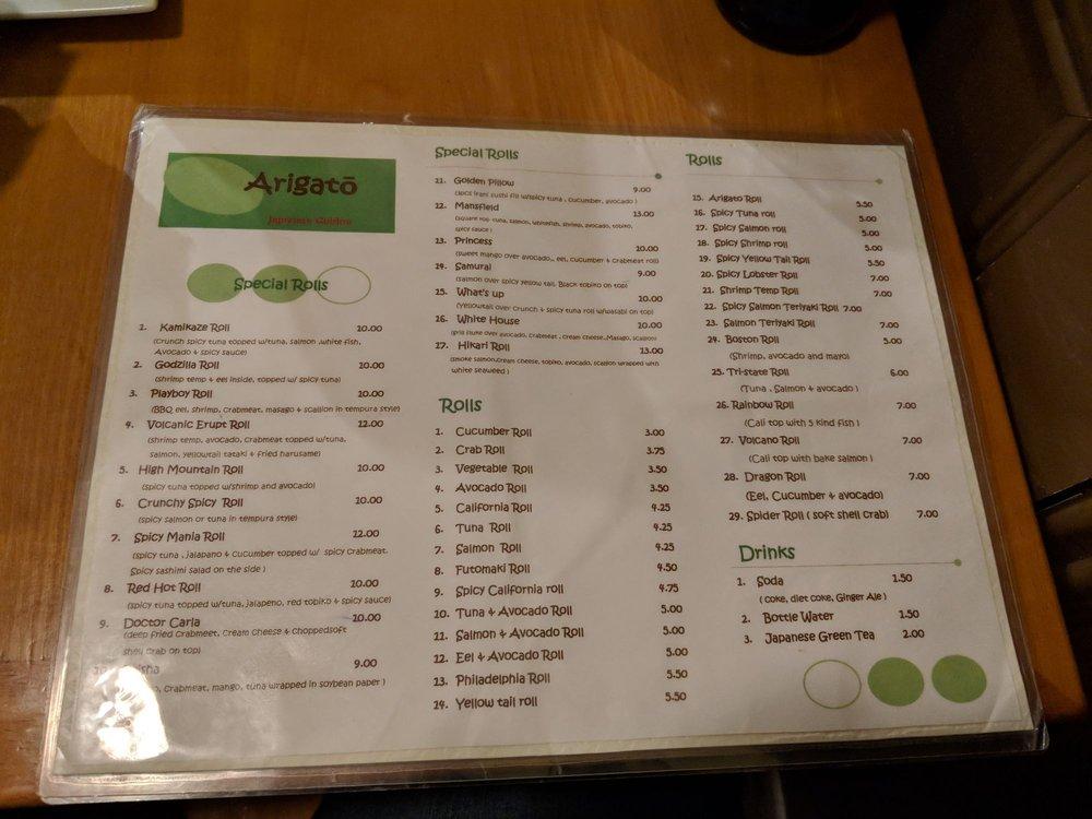 Menu at Arigato restaurant, North Haledon