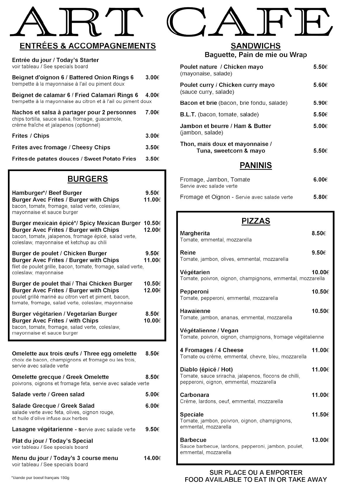 Menu at Art Cafe, Saint-Mathieu