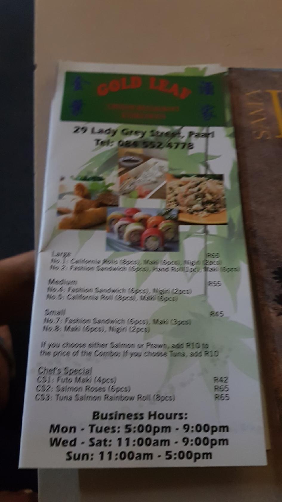 Menu at Gold Leaf restaurant, Paarl