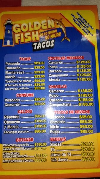 Menu at GOLDEN FISH restaurant, Mexicali