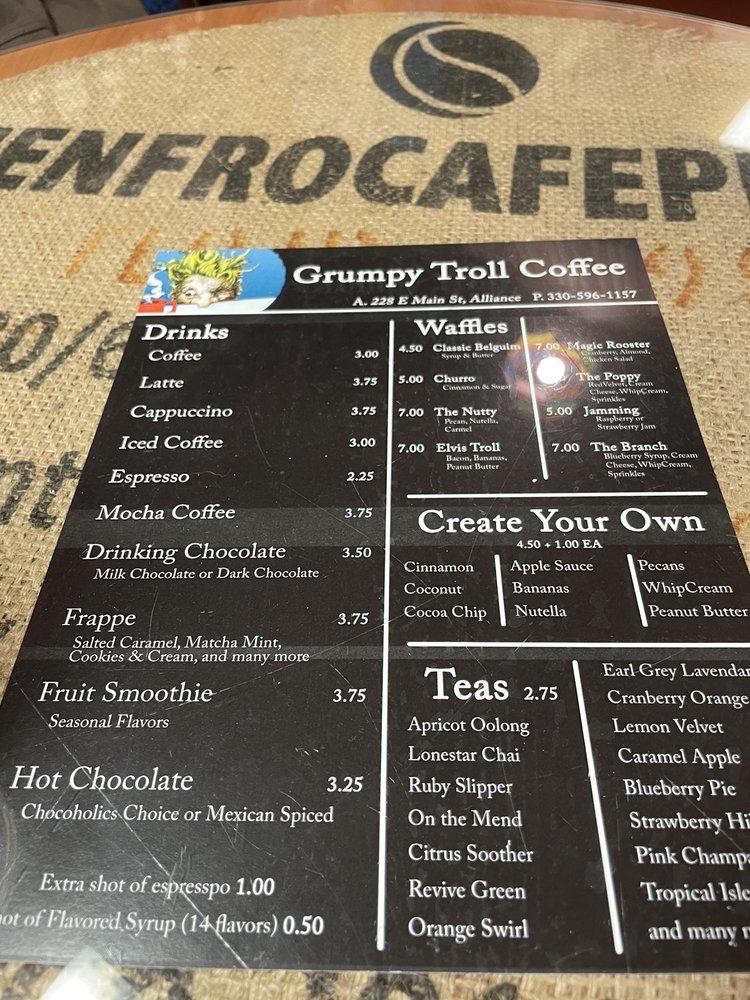 Menu at Grumpy Troll Coffee cafe, Alliance