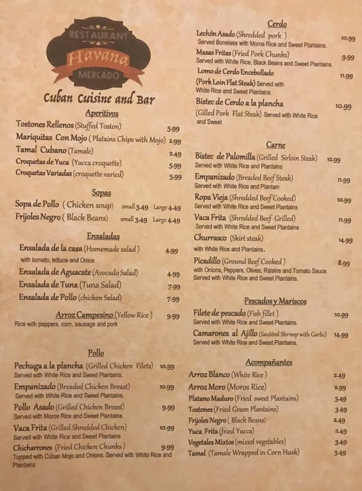 Menu at Havana restaurant, Miami