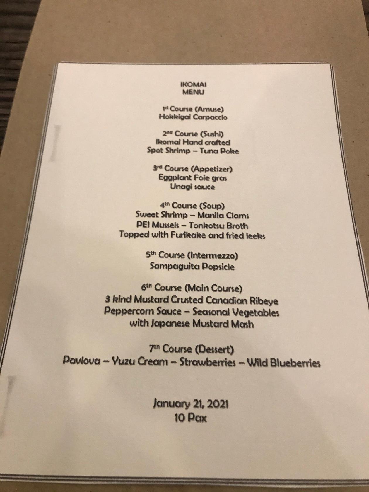 Menu at IKOMAI TOCHI restaurant, Makati