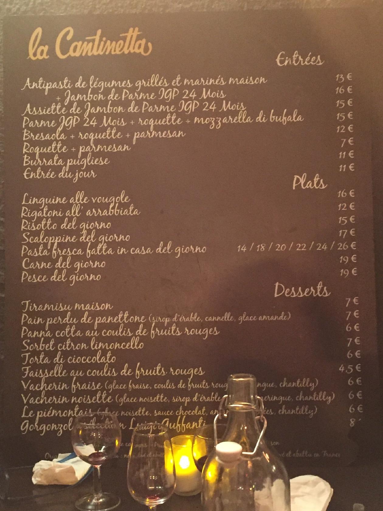 Menu at La Cantinetta restaurant, Marseille