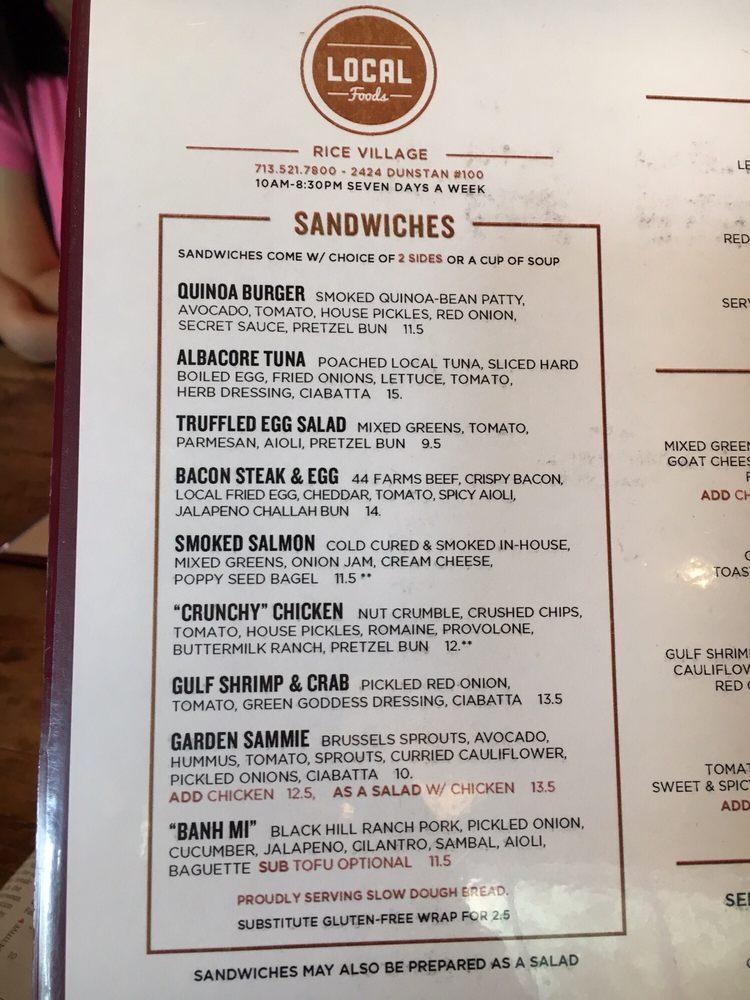 Menu at Local Foods - Rice Village restaurant, Houston