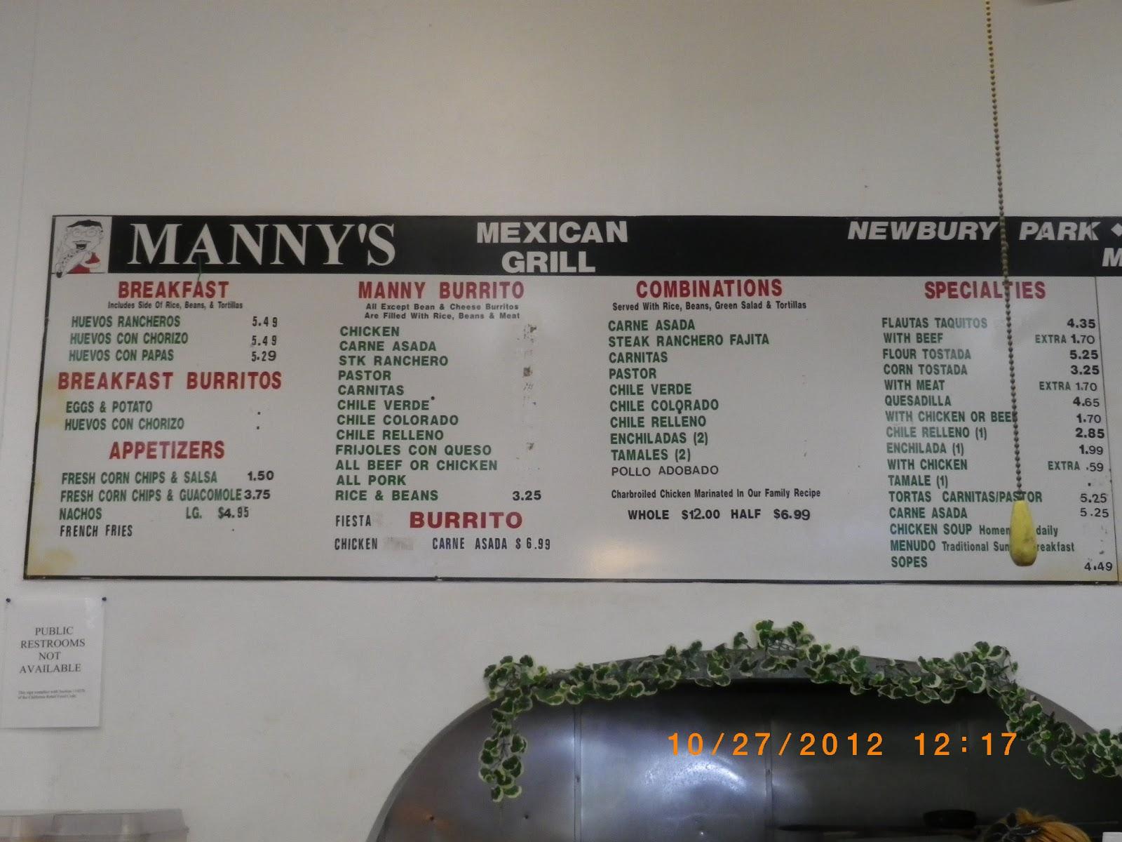 Menu at Manny's El Taco De Mexico restaurant, Thousand Oaks, E Avenida ...