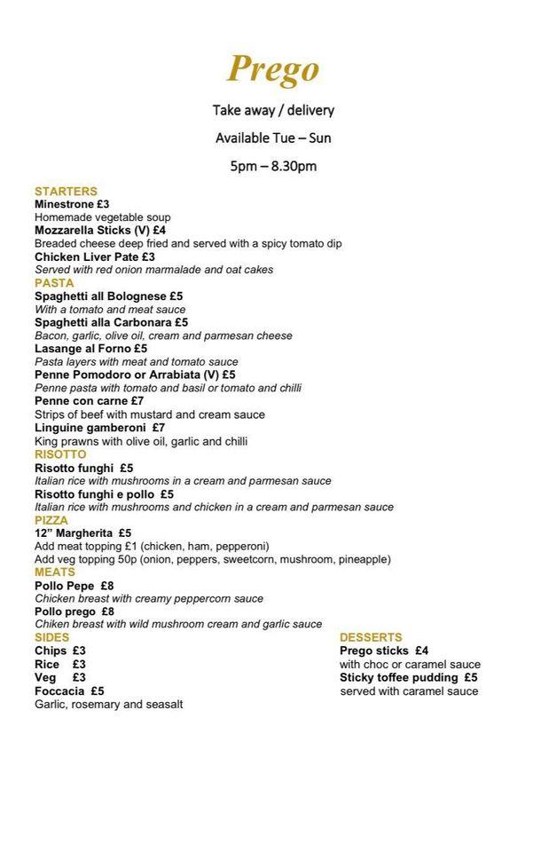 Menu at Prego restaurant, Lanark
