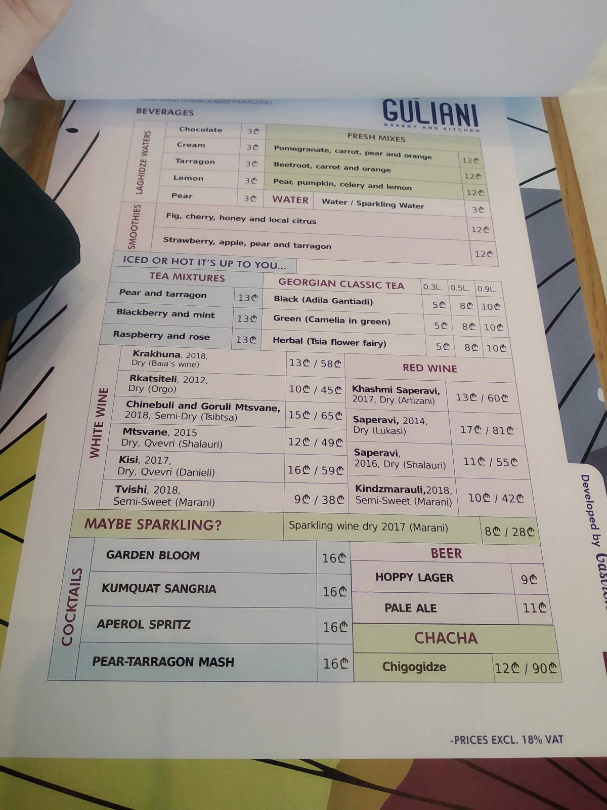Menu at Puri Guliani cafe, Tbilisi, Saarbrucken Square Tbilisi Tbilisi
