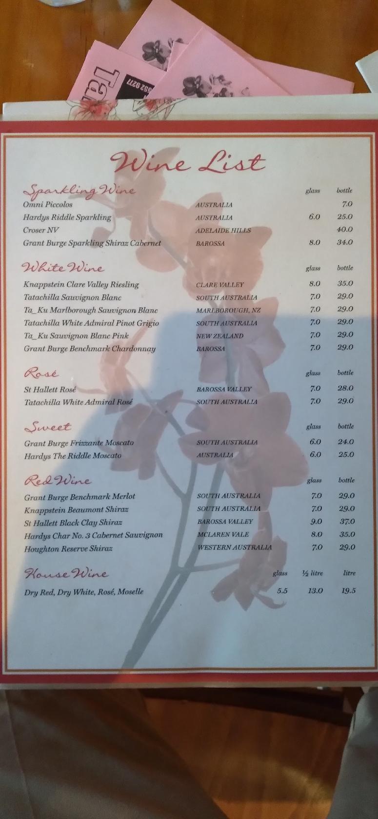 Menu at Red Orchid restaurant, Victor Harbor