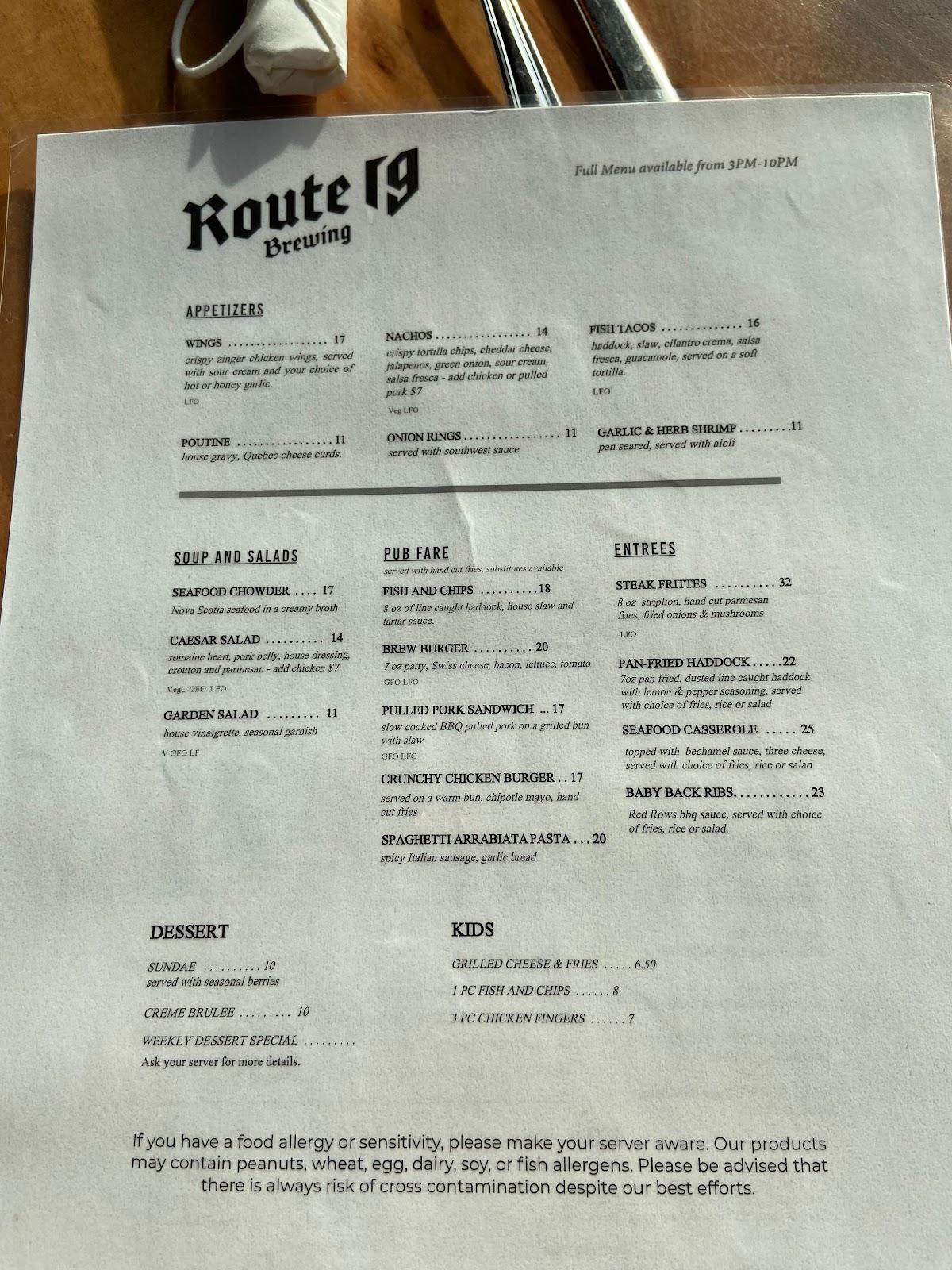 Menu at Route 19 Brewing pub & bar, Inverness, Central Ave
