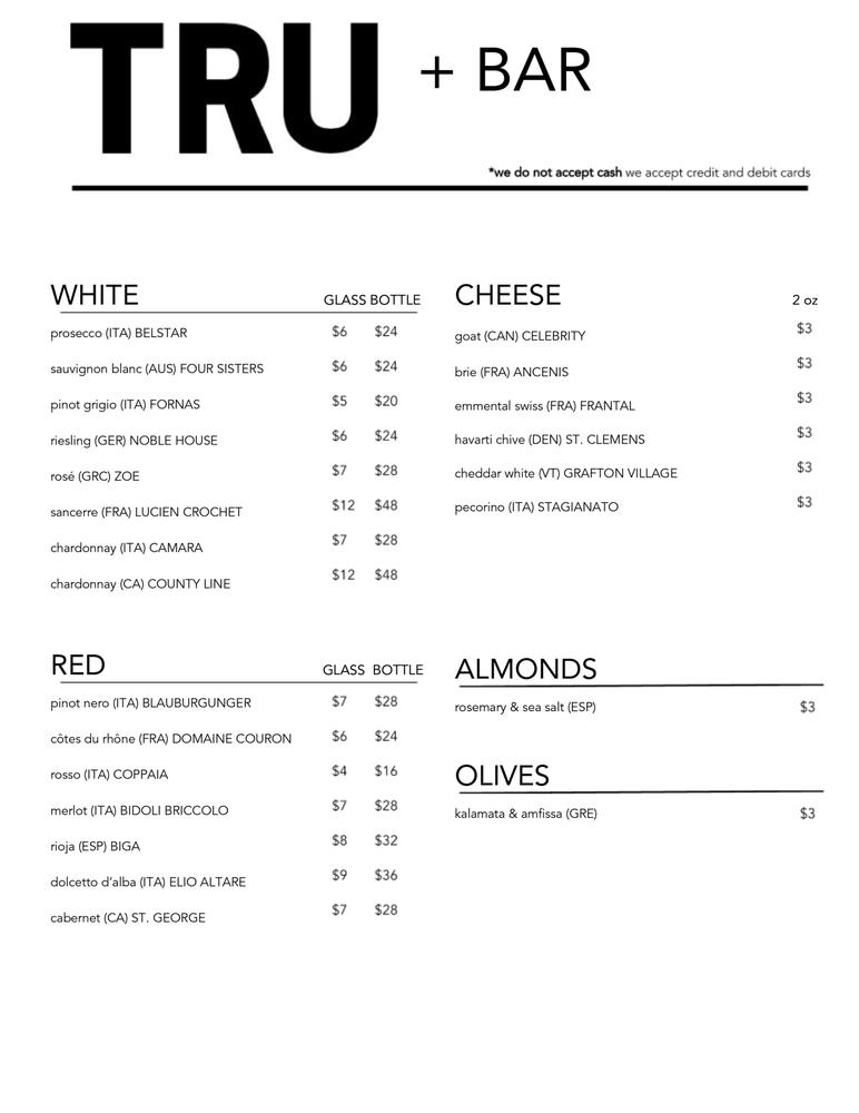 Menu at TRU pub & bar, Chapel Hill