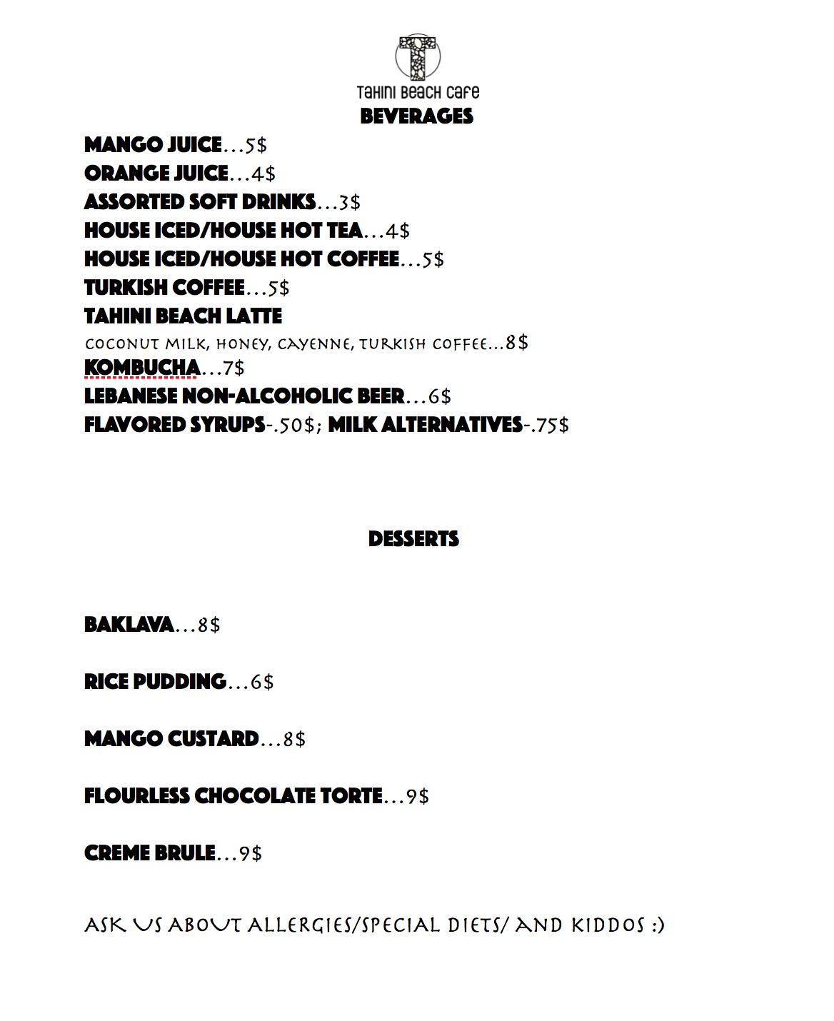 Menu at Tahini Beach Cafe, Bradenton Beach
