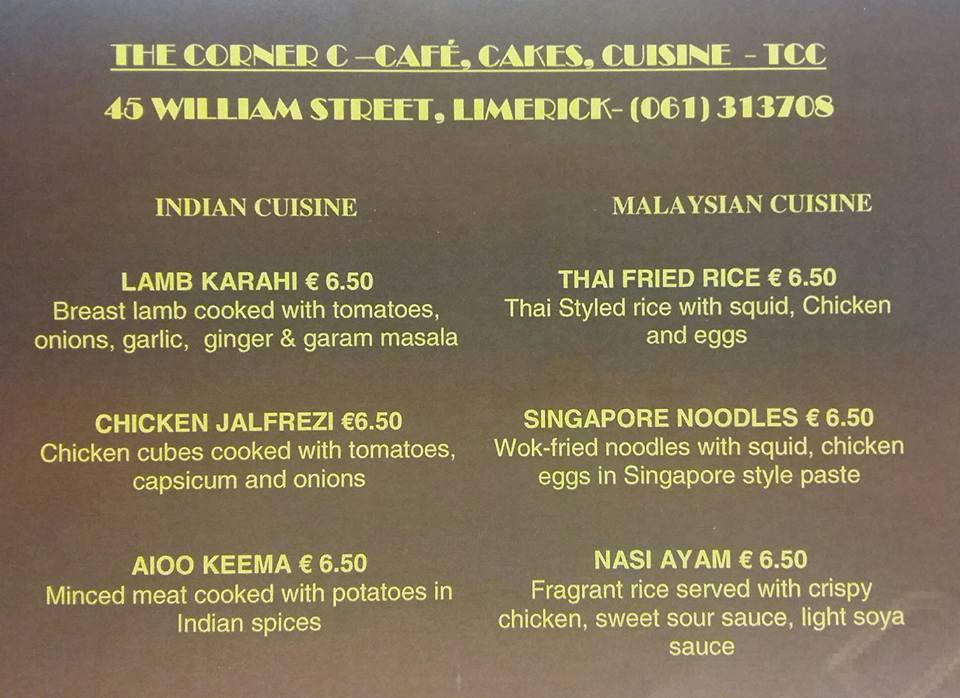 Menu at The Corner C- TCC restaurant, Limerick