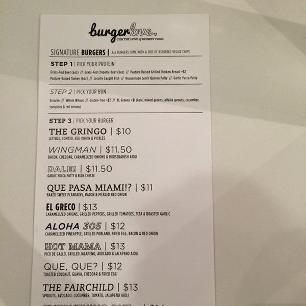 Menu at Burger Love fast food, Miami