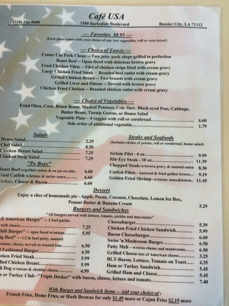 Menu at Cafe USA, Bossier City