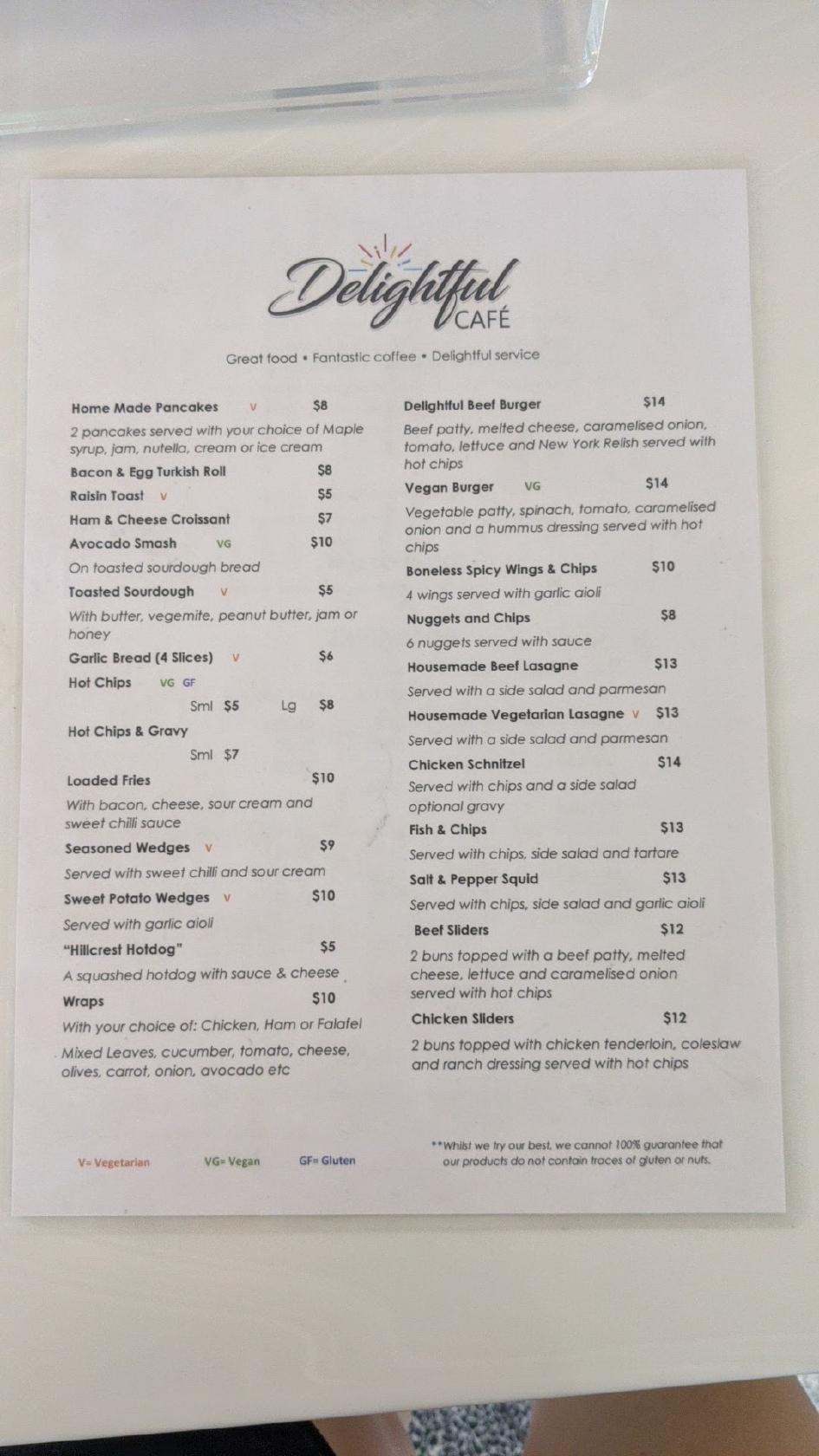 Menu at Delightful Cafe, Lightsview