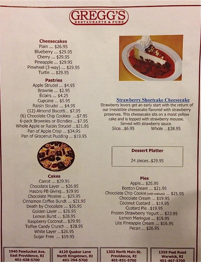 Menu at Gregg’s - Warwick desserts, Warwick, Post Rd