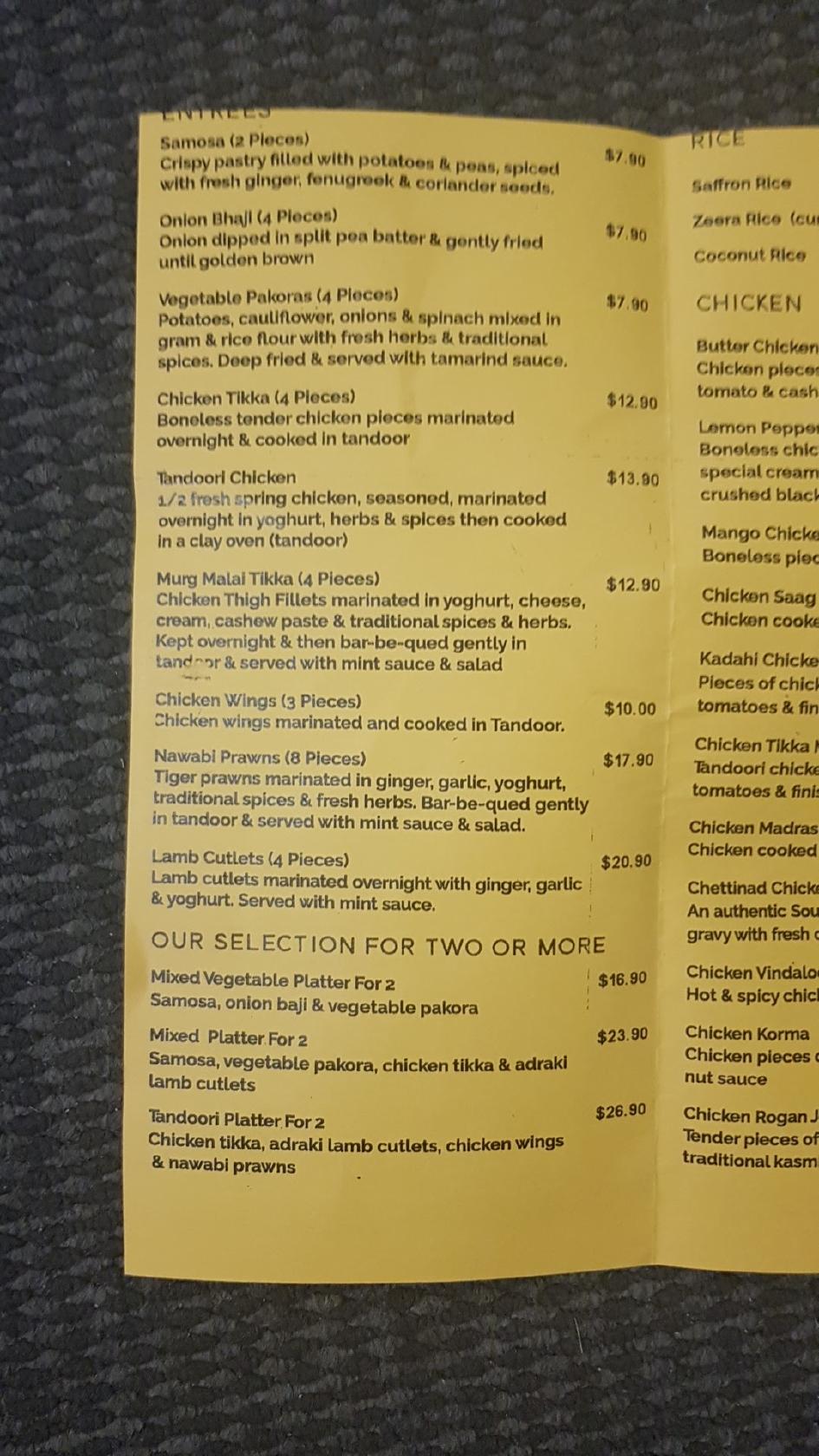 Menu at Gunnedah Indian Restaurant, Gunnedah