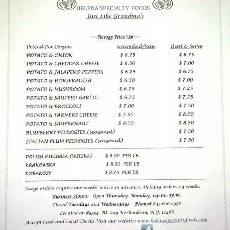 Menu at Helena Specialty Pierogies restaurant, Kerhonkson