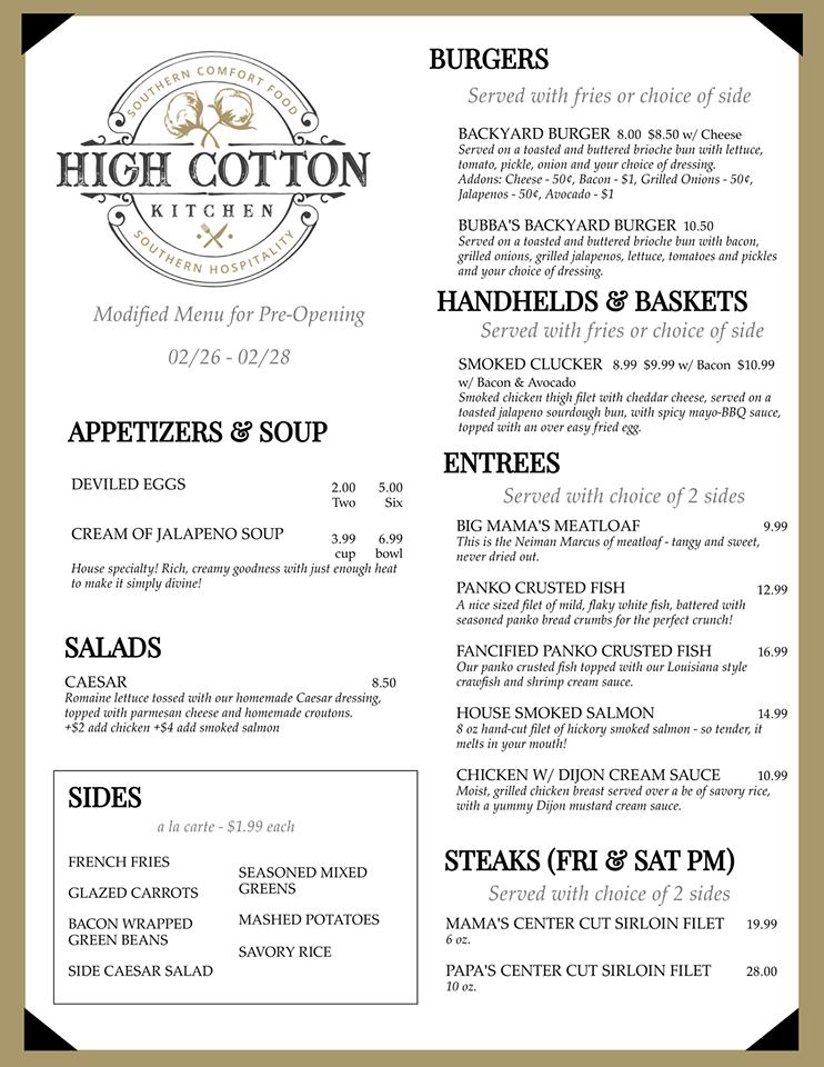 Menu at High Cotton Kitchen restaurant, Paris