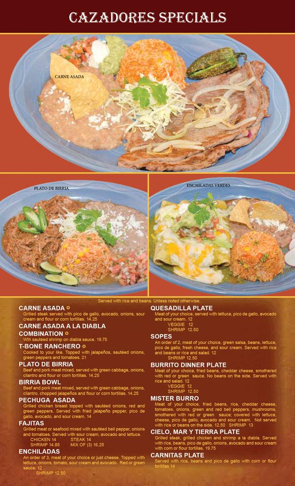 Menu at Los Cazadores restaurant, El Jebel