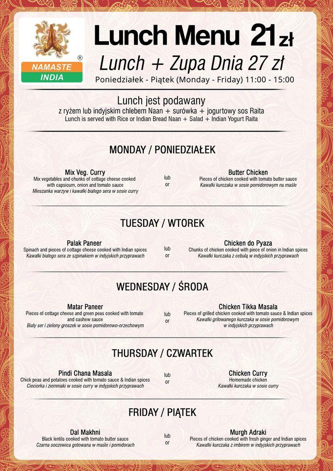 Menu at Namaste India restaurant, Warsaw, Nowogrodzka 15