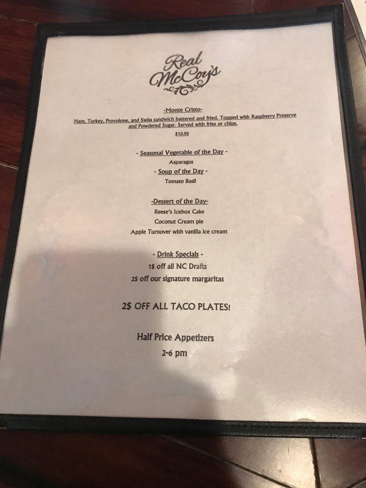 Menu at Real McCoy's restaurant, Wake Forest