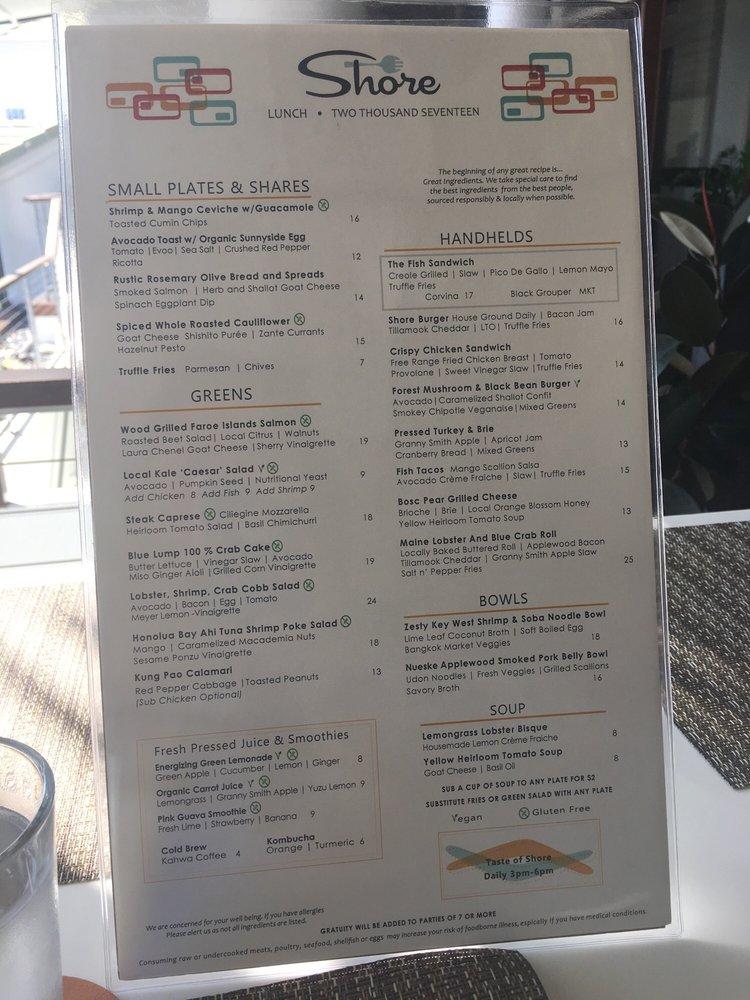 Menu at Shore St. Armands restaurant, Sarasota