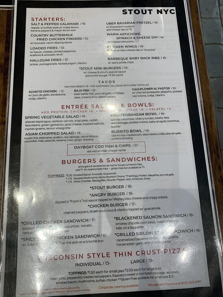 Menu at Stout NYC pub & bar, West New York, 109 W 39th St