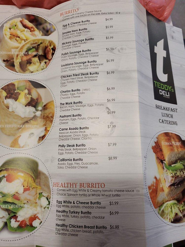 Menu at Teddy's Deli restaurant, Anaheim