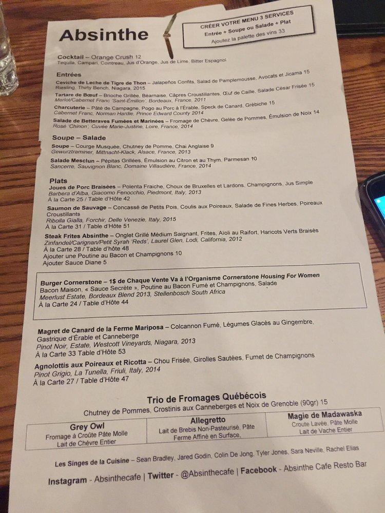 Menu at Absinthe restaurant, Ottawa