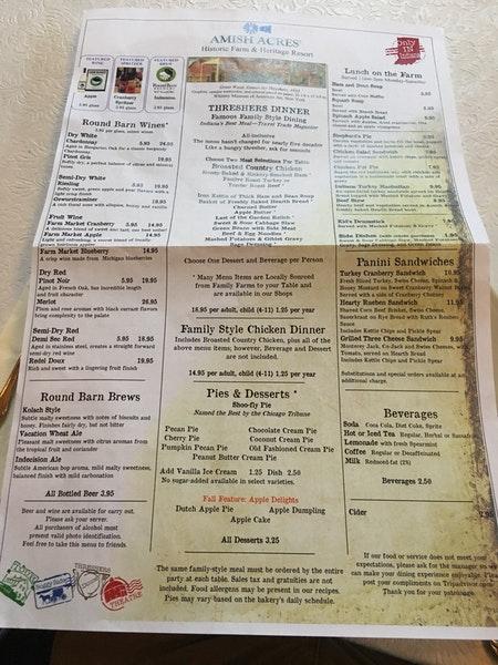 Menu at Amish Acres Restaurant, Nappanee