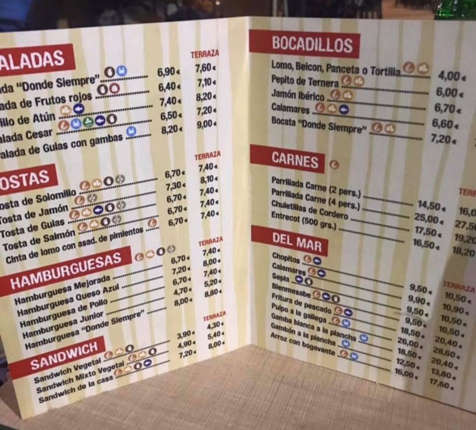 Carta de Bar Donde Siempre Móstoles, Móstoles