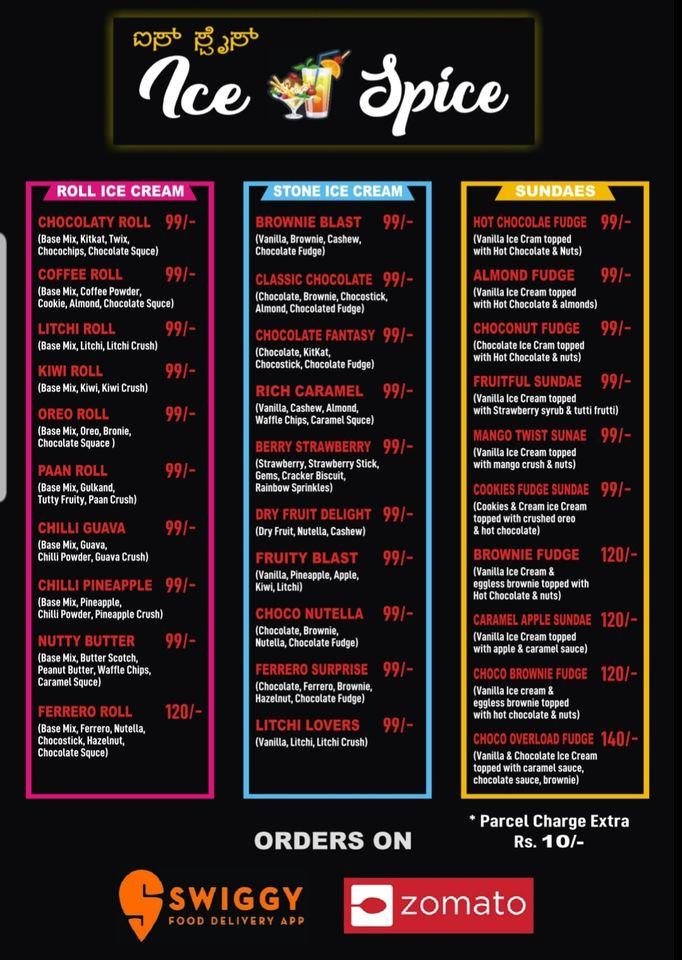 Menu at Ice Spice, Mysuru