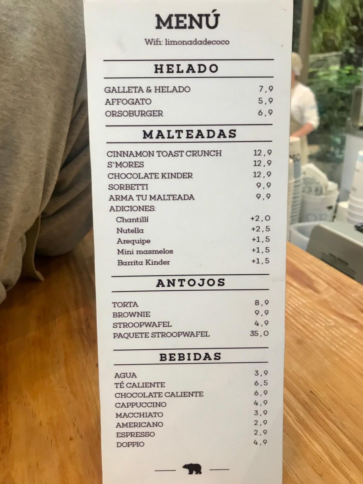 Menu at ORSO HELADERÍA Usaquén restaurant, Bogotá, Cl. 117 #6a-60 LOCAL 104