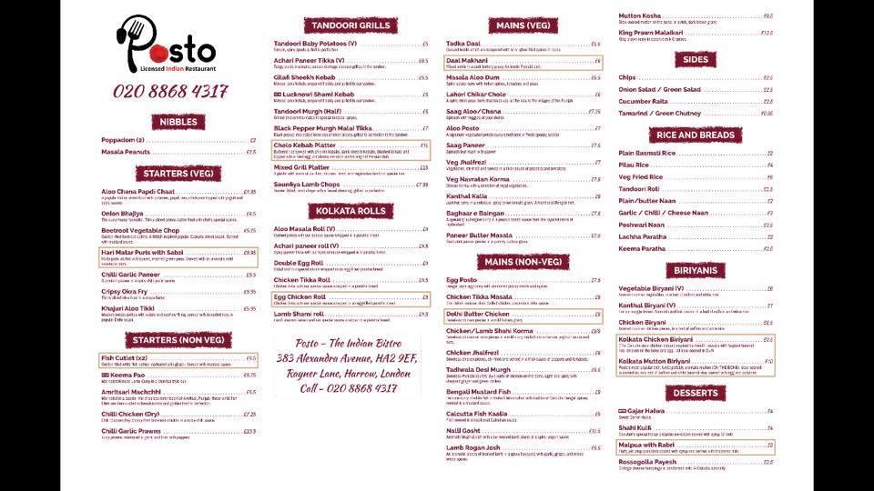 Menu at Posto Indian restaurant, Harrow, 383 Alexandra Ave