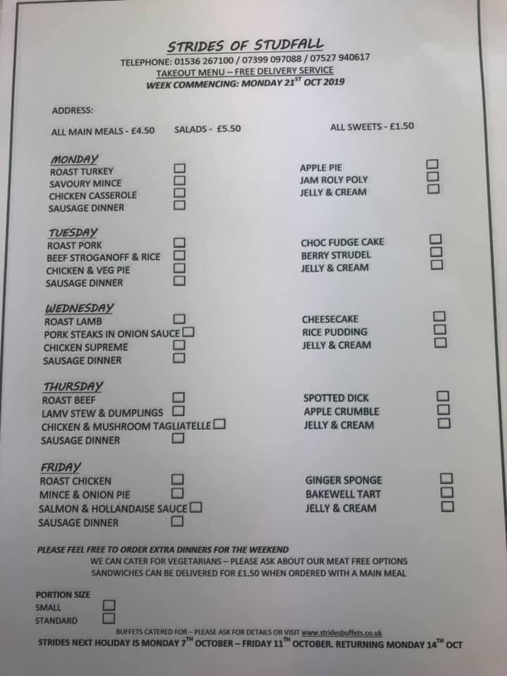 Menu at Strides Of Studfall restaurant, Corby