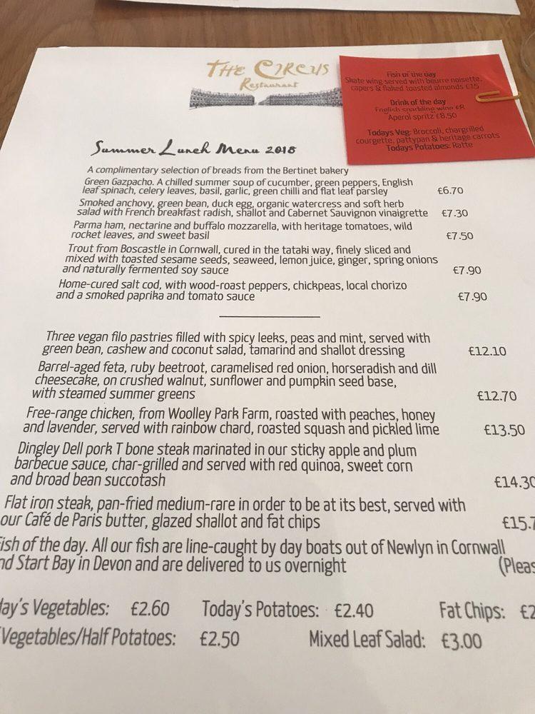 Menu at The Circus Restaurant, Bath