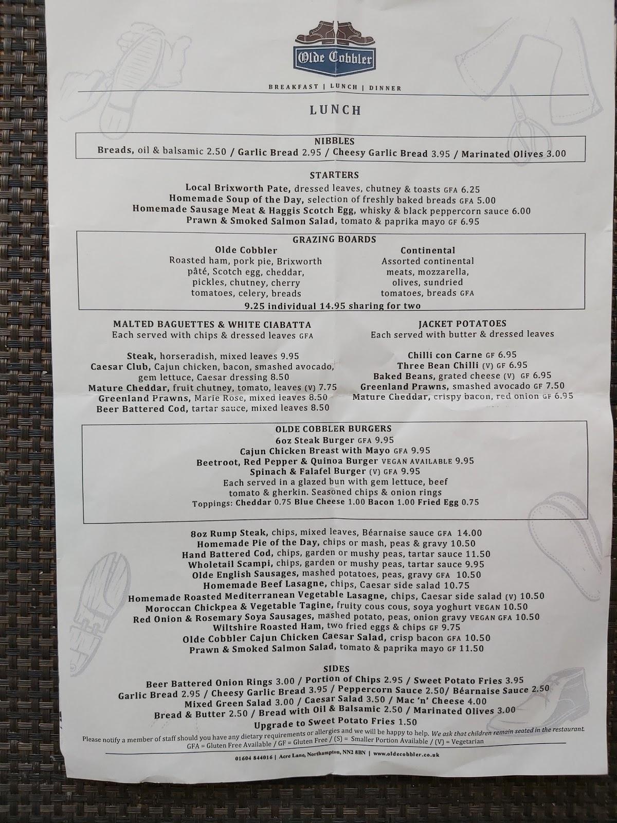 Menu at The Olde Cobbler pub & bar, Northampton