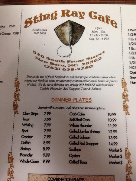 Menu at The Stingray Café restaurant, New Bern