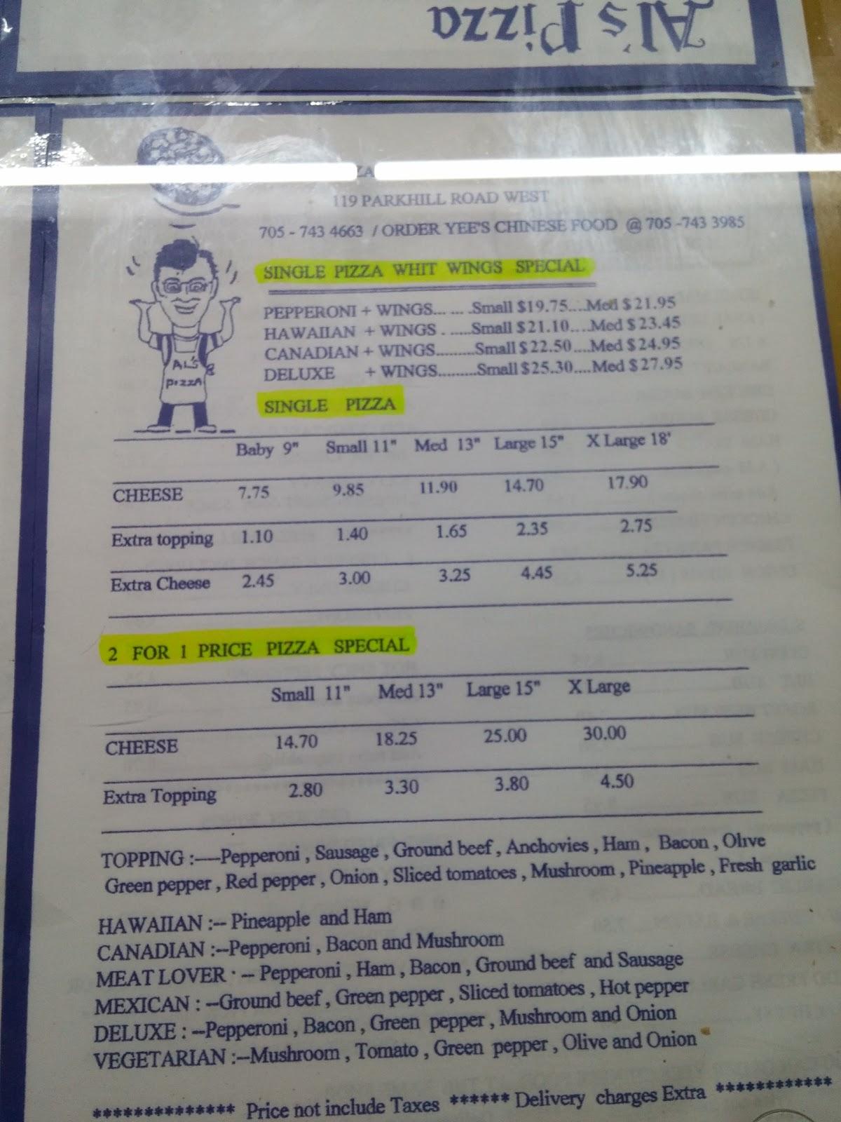 Menu at Al's Pizza pizzeria, Peterborough