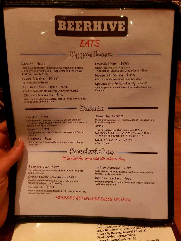 Menu at Beerhive Pub, Salt Lake City