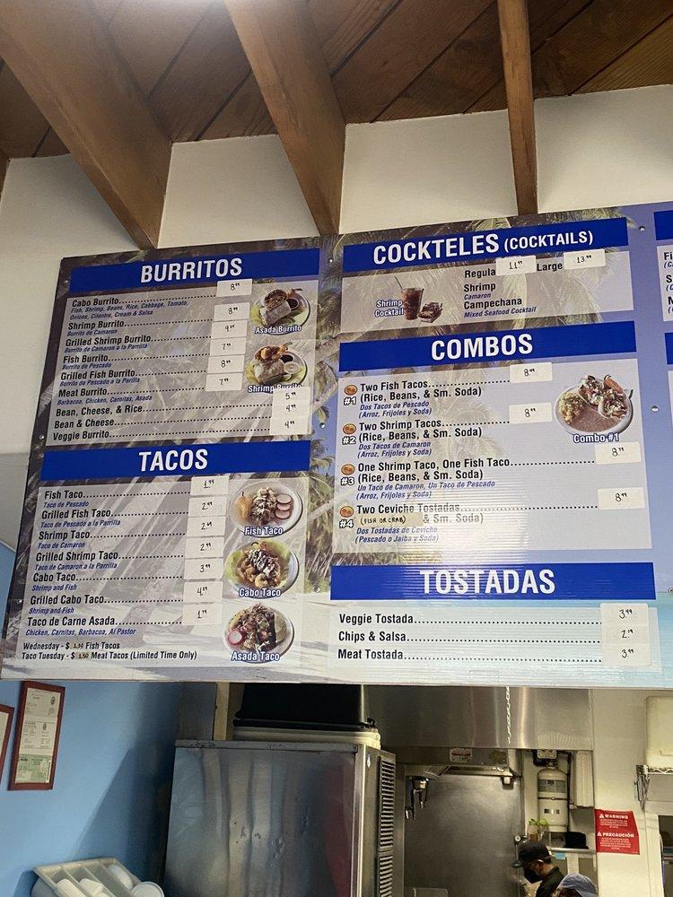 Menu at Cabo Tacos restaurant, Glendora