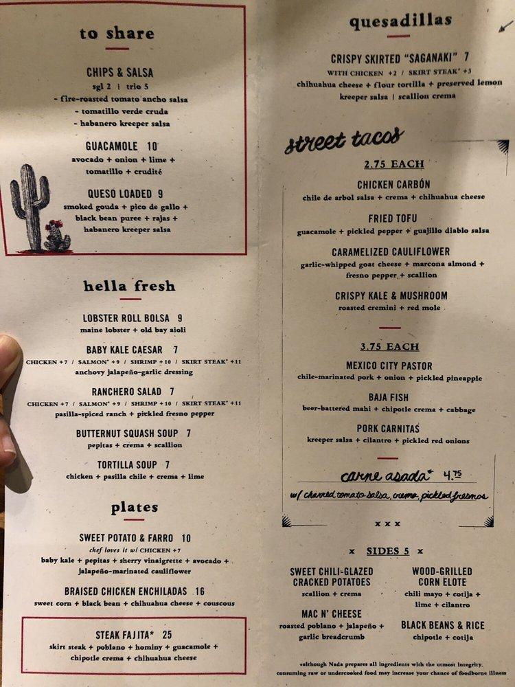 Menu at Nada restaurant, North Bethesda