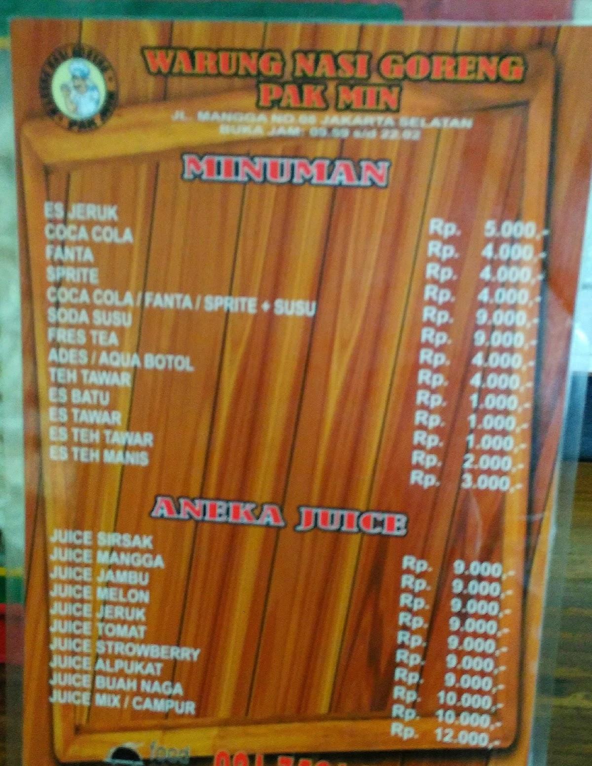 Menu at Nasi Goreng Pak Min restaurant, South Jakarta, Jl. Mangga No.8