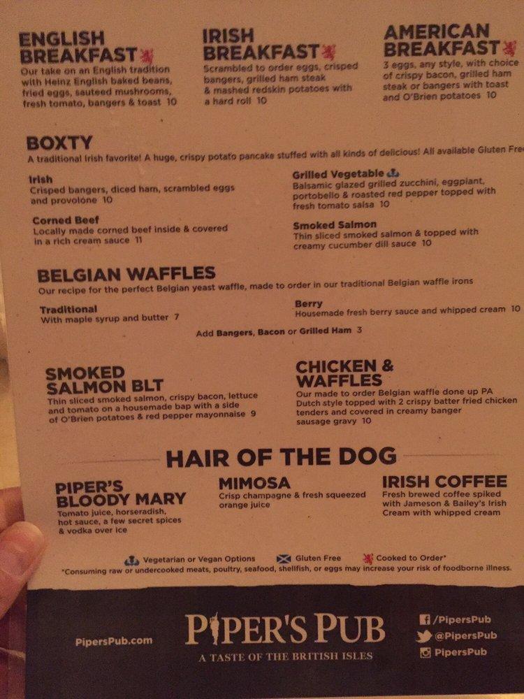 Menu at Piper's Pub, Pittsburgh