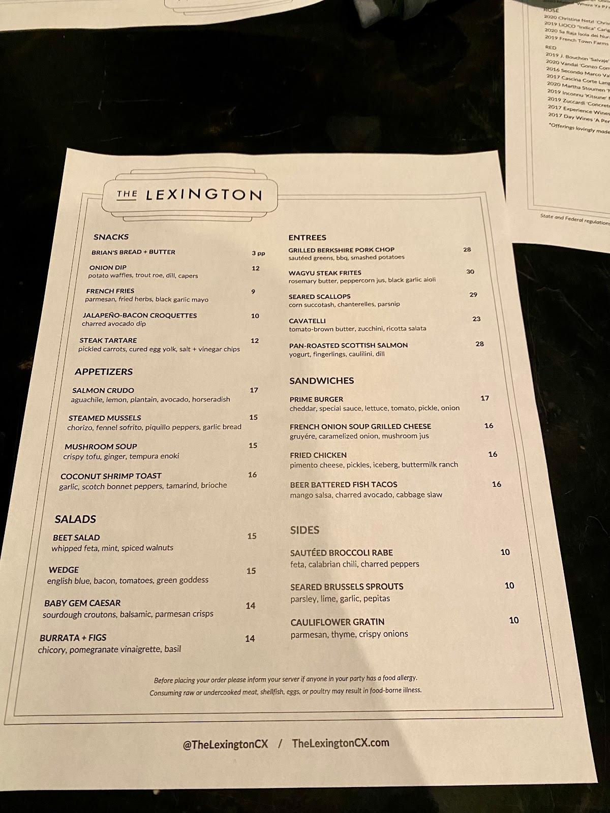 Menu at The Lexington restaurant, Cambridge