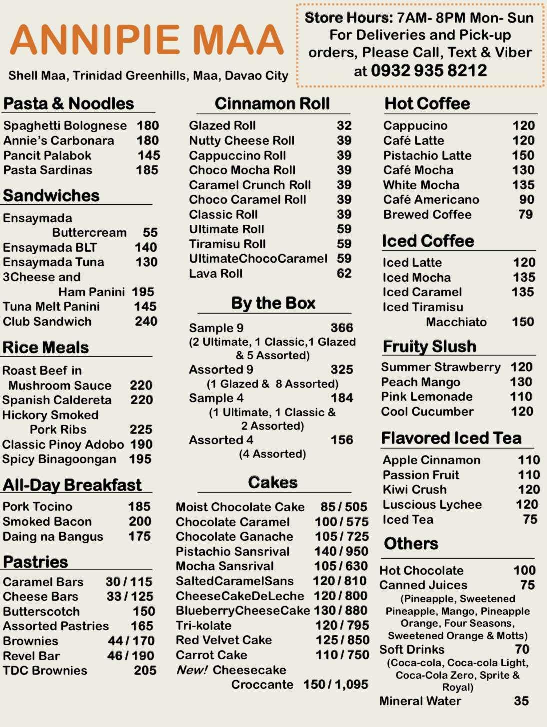 Carta del café Annipie Maa, Shell, Dávao